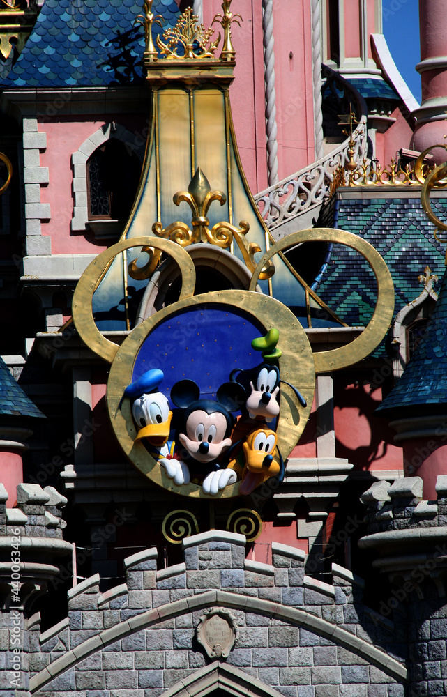 Euro Disney Castle with its characters Mickey Mouse, Donal Duck, Goofy ...