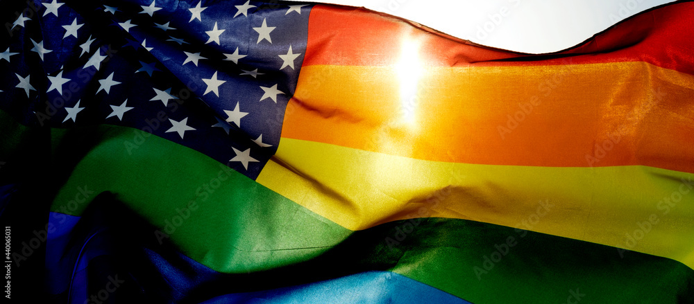 rainbow US flag waving on the sky, web banner Stock Photo | Adobe Stock