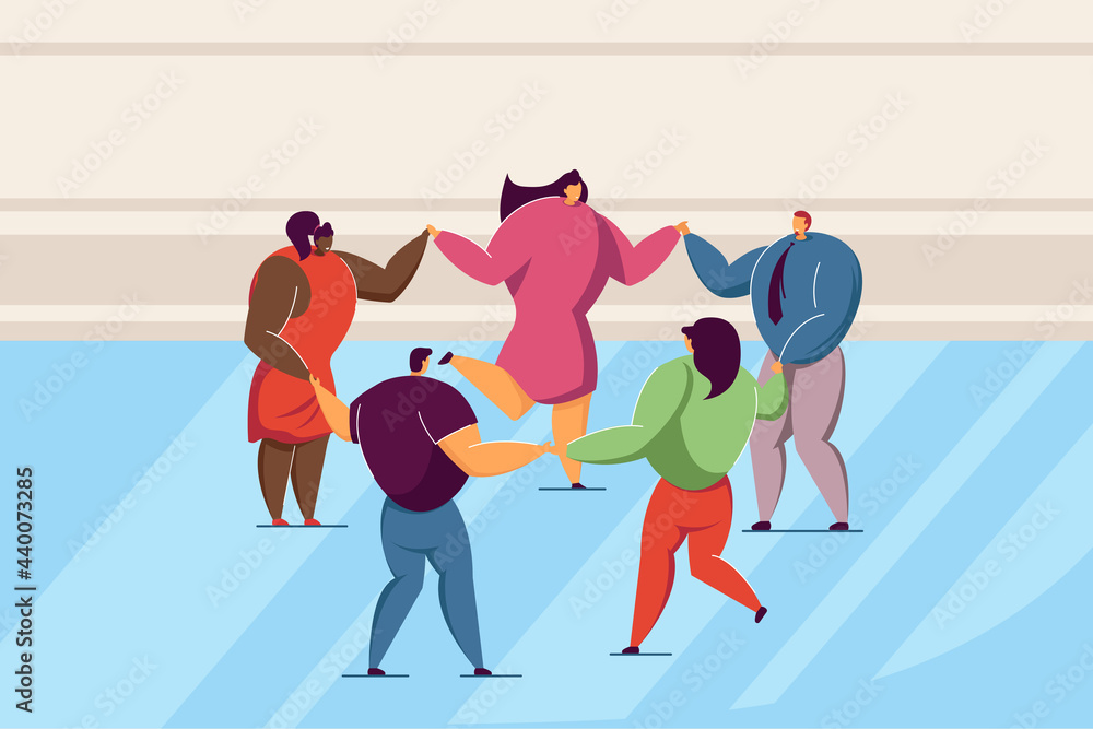 Group of people in round dance. Flat vector illustration. Multinational ...
