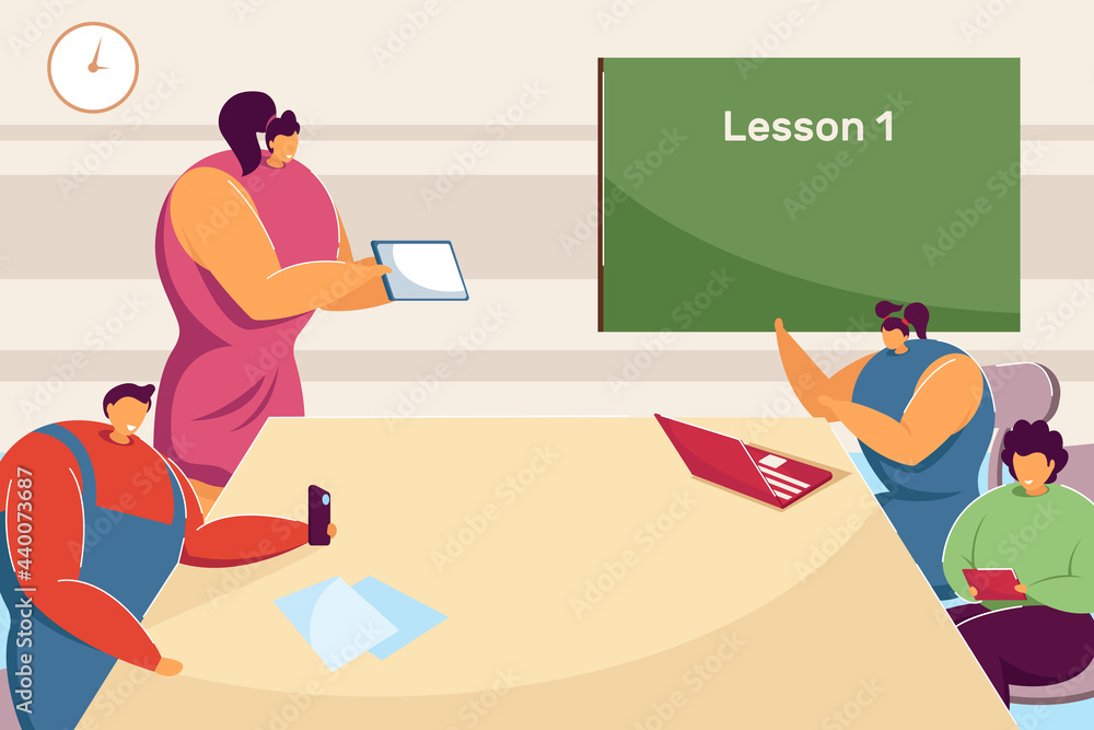 Teacher and students using gadgets on lesson. Flat vector illustration ...