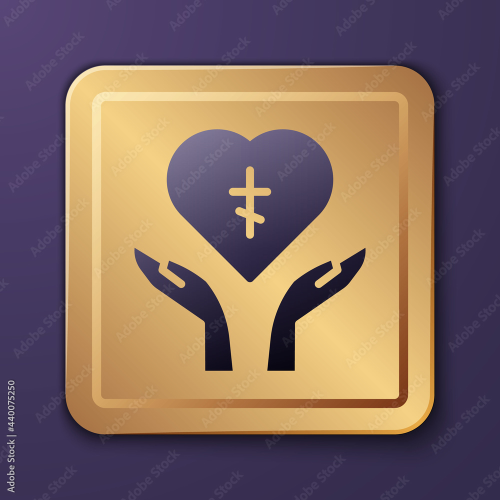 Purple Religious cross in the heart inside icon isolated on purple ...
