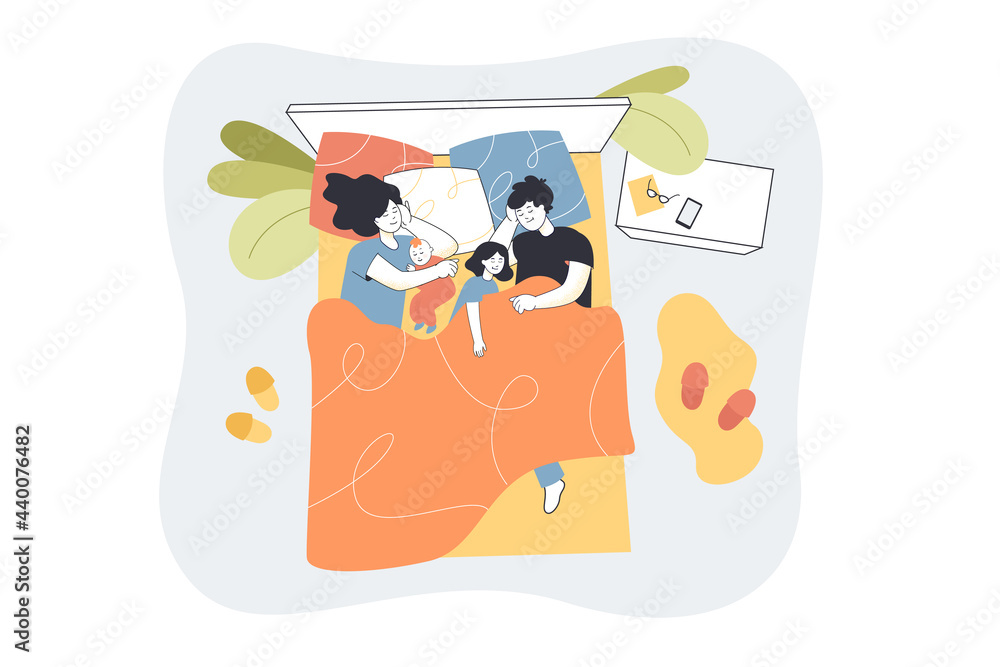 Happy family with children lying asleep in bed. Mom, dad and kids ...