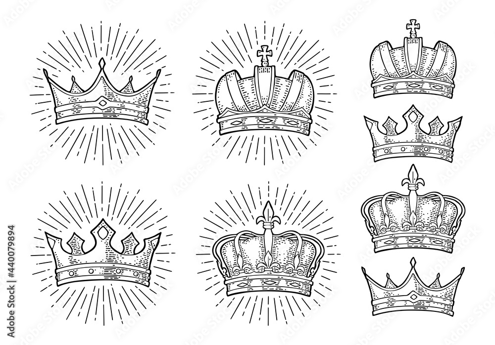 Four different king crowns. Engraving vintage vector black illustration ...