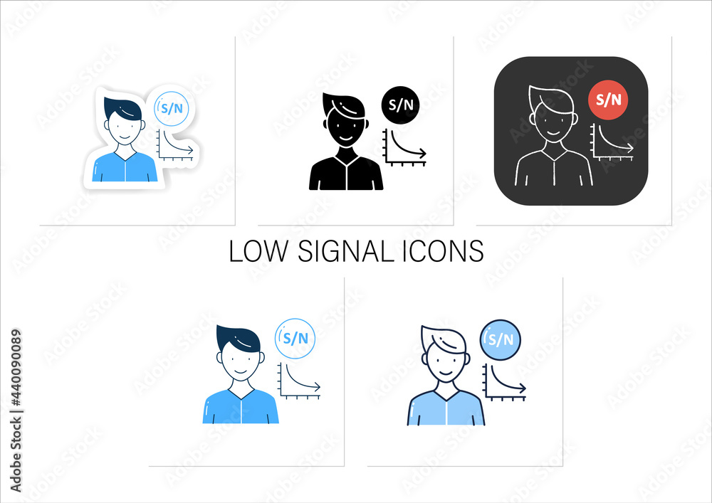 Low signal icons set. Low signal to noise ratio. Minimum level to ...