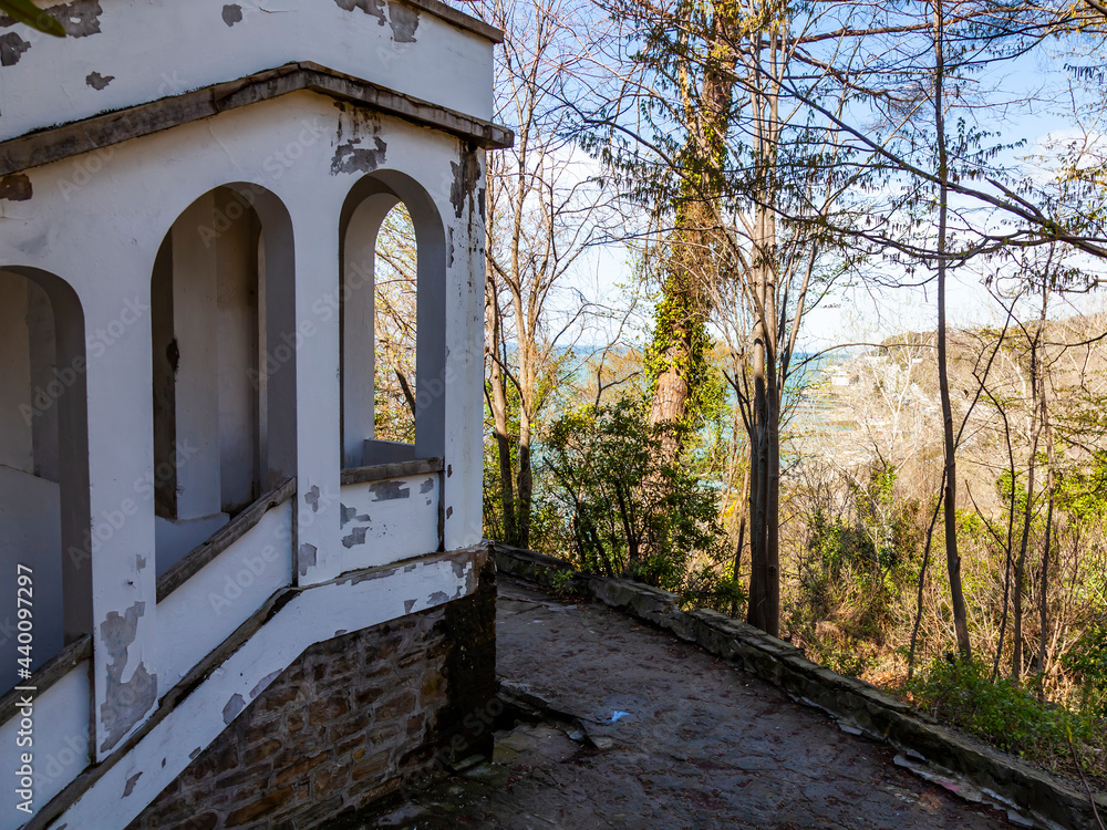 Sochi, Russia, April 14, 2021. An old abandoned dacha (dacha of Colonel ...