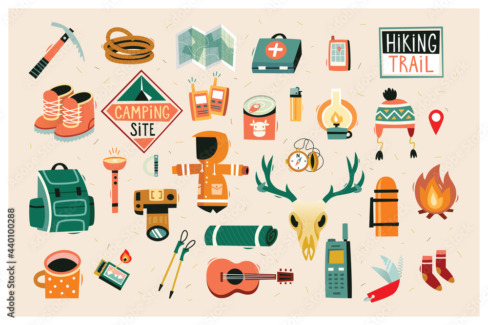 Hiking elements vector stickers and icons. Isolated vector images ...