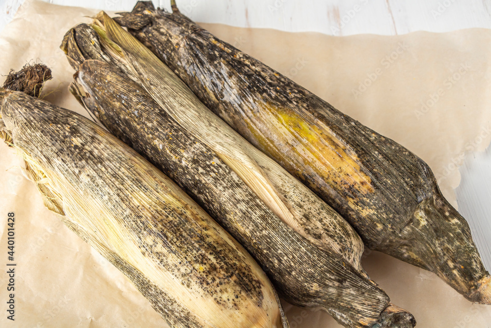 Spoiled moldy food. Cobs of corn with mold on white background. Stock ...