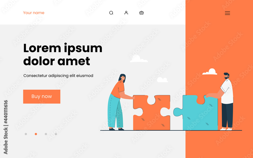 Tiny man and woman putting together giant puzzle. Flat vector ...