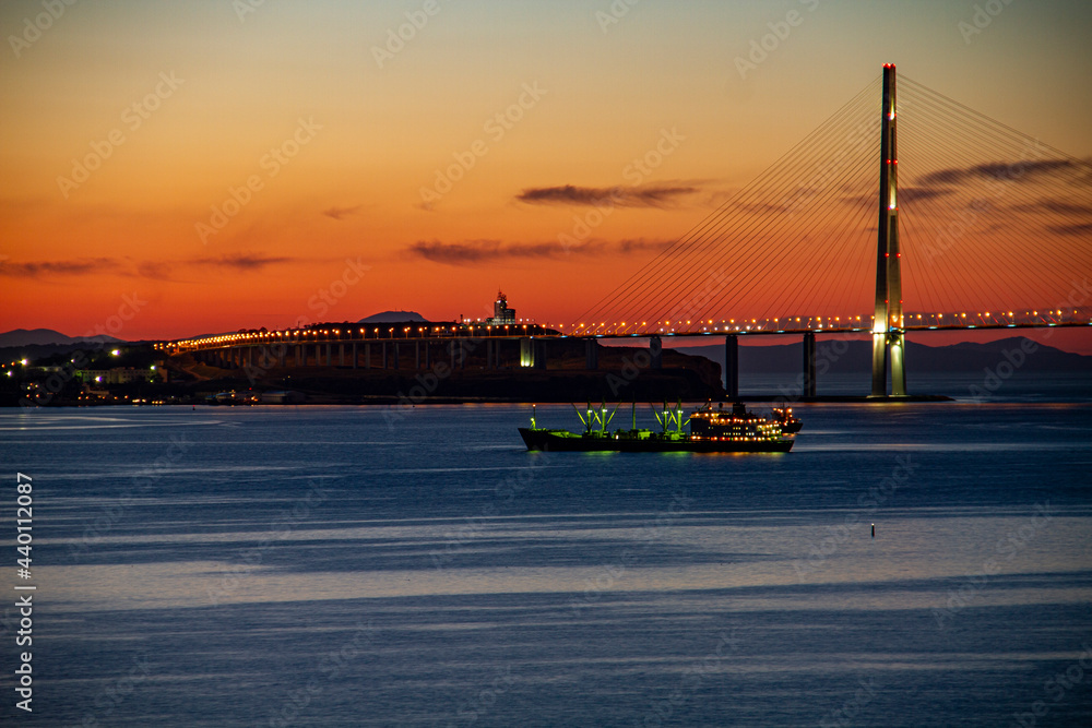 Early Morning view of 1,885m Russky Island Bridge in Russia, connects ...