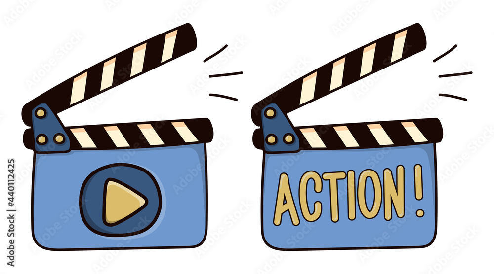 Colored movie clapperboard icon. Hand drawn sketch film clapper for ...