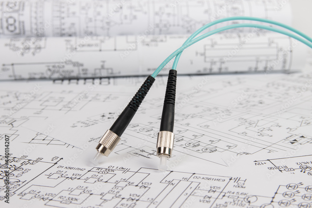Fiber optic patch cord cable on electrical engineering drawings Stock ...