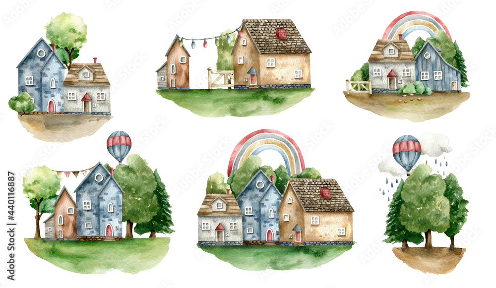 Watercolor houses clip art, pre-made compositions, countryside life ...