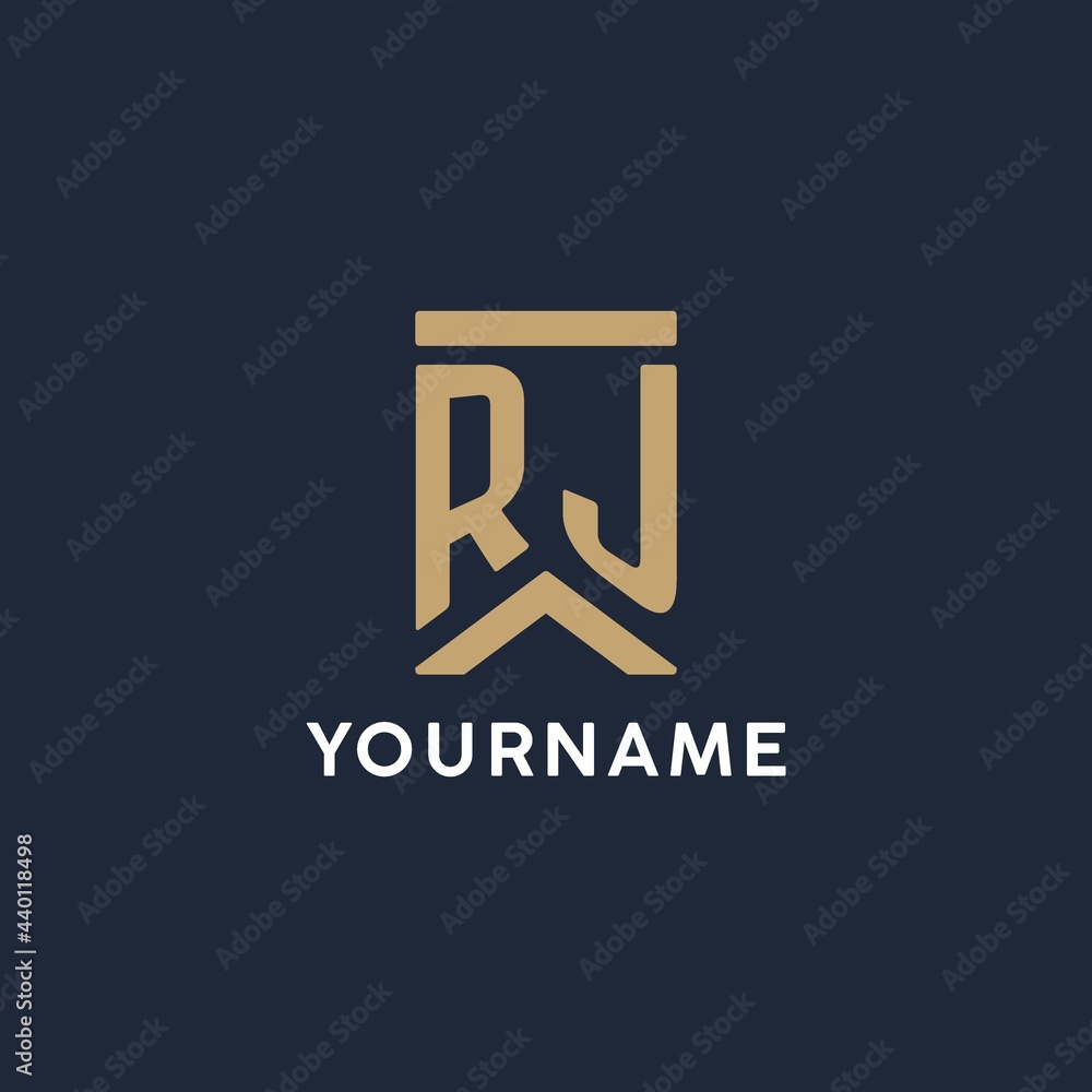RJ initial monogram logo design in a rectangular style with curved ...