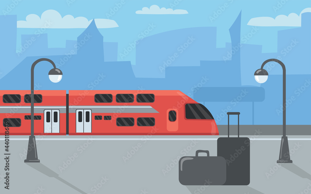 Modern train at station or at platform. Cartoon vector illustration ...