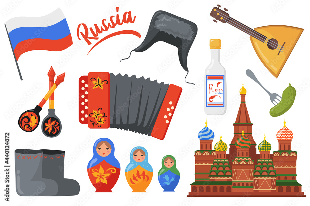 Set of traditional Russian symbols. Cartoon vector illustration. Flag ...