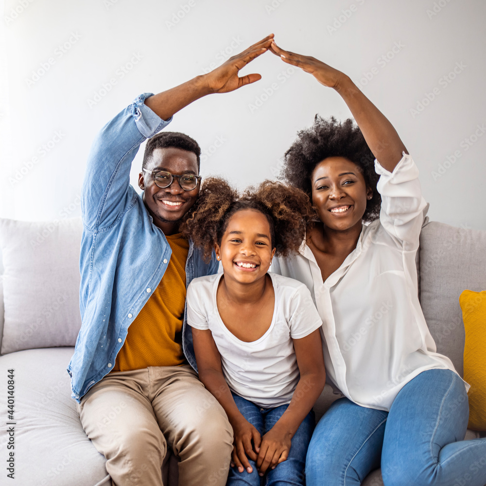 Concept of housing and relocation. Happy family mother father and kids ...