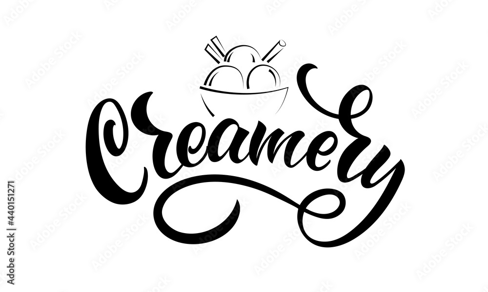 Creamery handwritten text isolated on white background. Elegant modern ...
