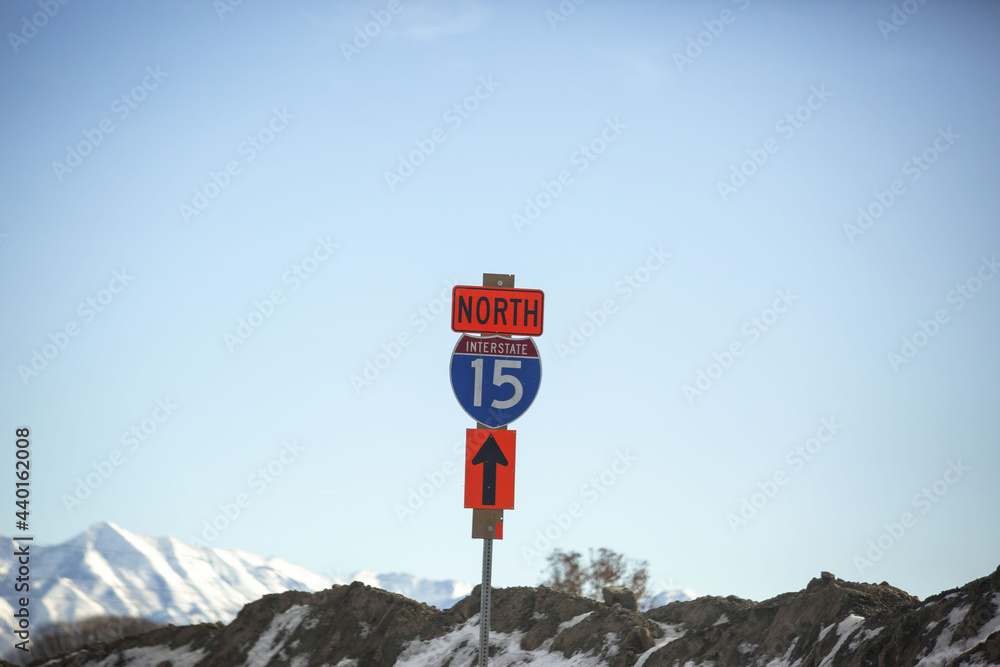 Sign saying north interstate on the background of mountains Stock Photo ...