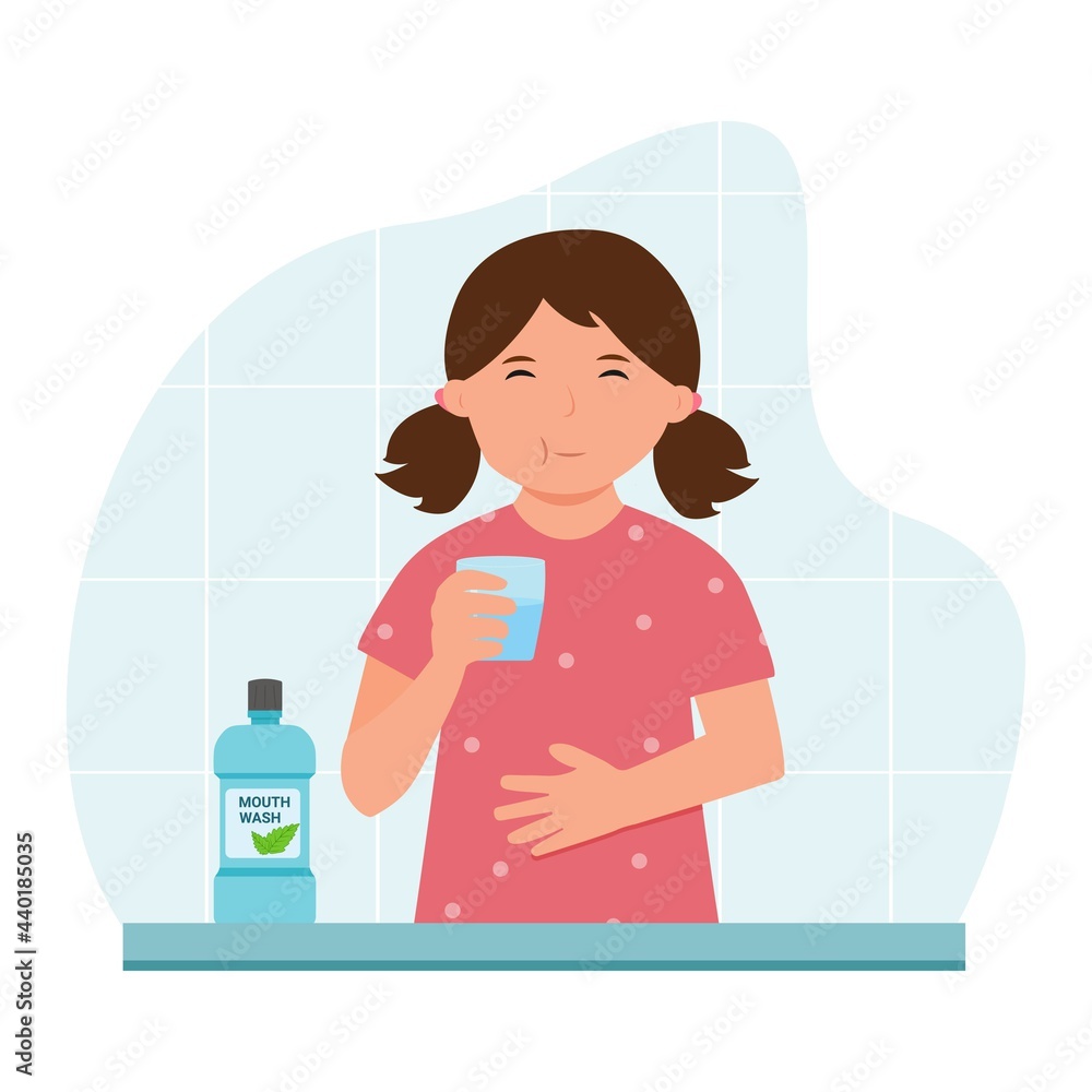 Cute girl using mouthwash for fresh breath and plaque prevention in ...