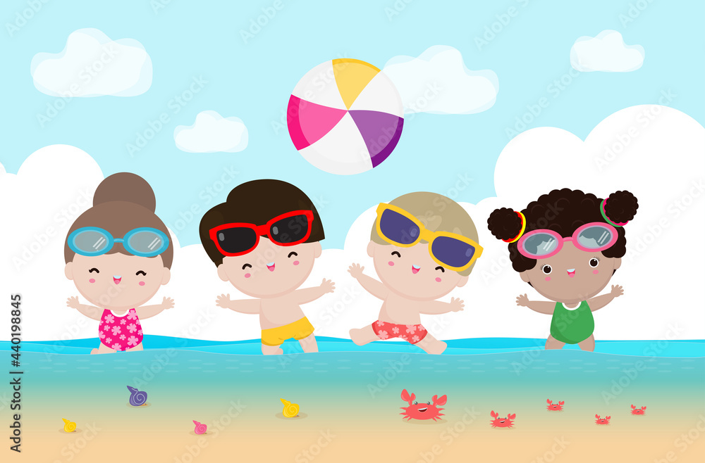 Hello summer banner template, Group of kids playing water volleyball on ...