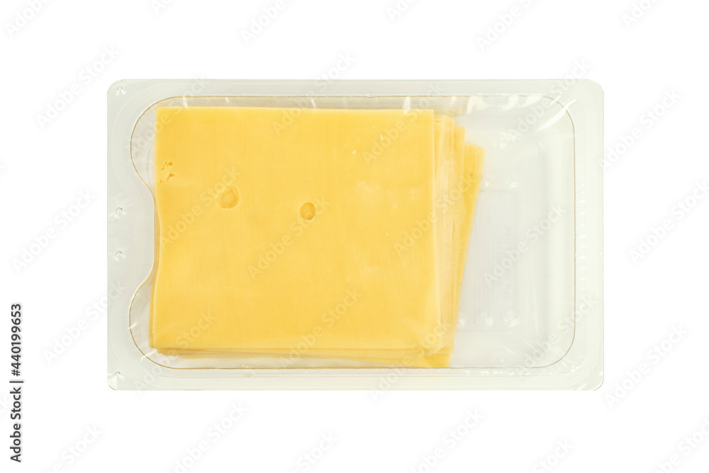 Isolated cheese slices in transparent packaging on white background ...