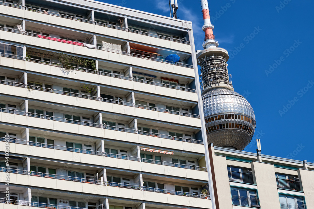 Subsidized housing building with the TV Tower of Berlin in the ...