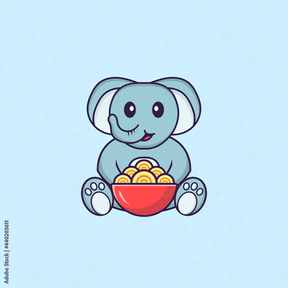 Cute elephant eating ramen noodles. Animal cartoon concept isolated ...
