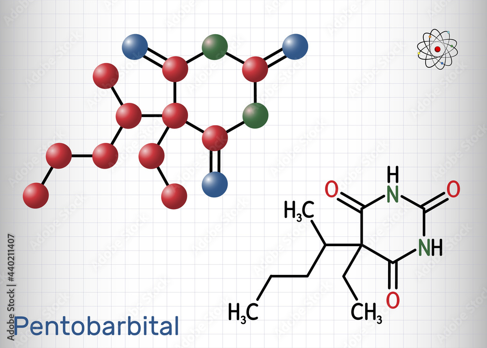 Pentobarbital, pentobarbitone molecule. It is sedative, hypnotic agent ...