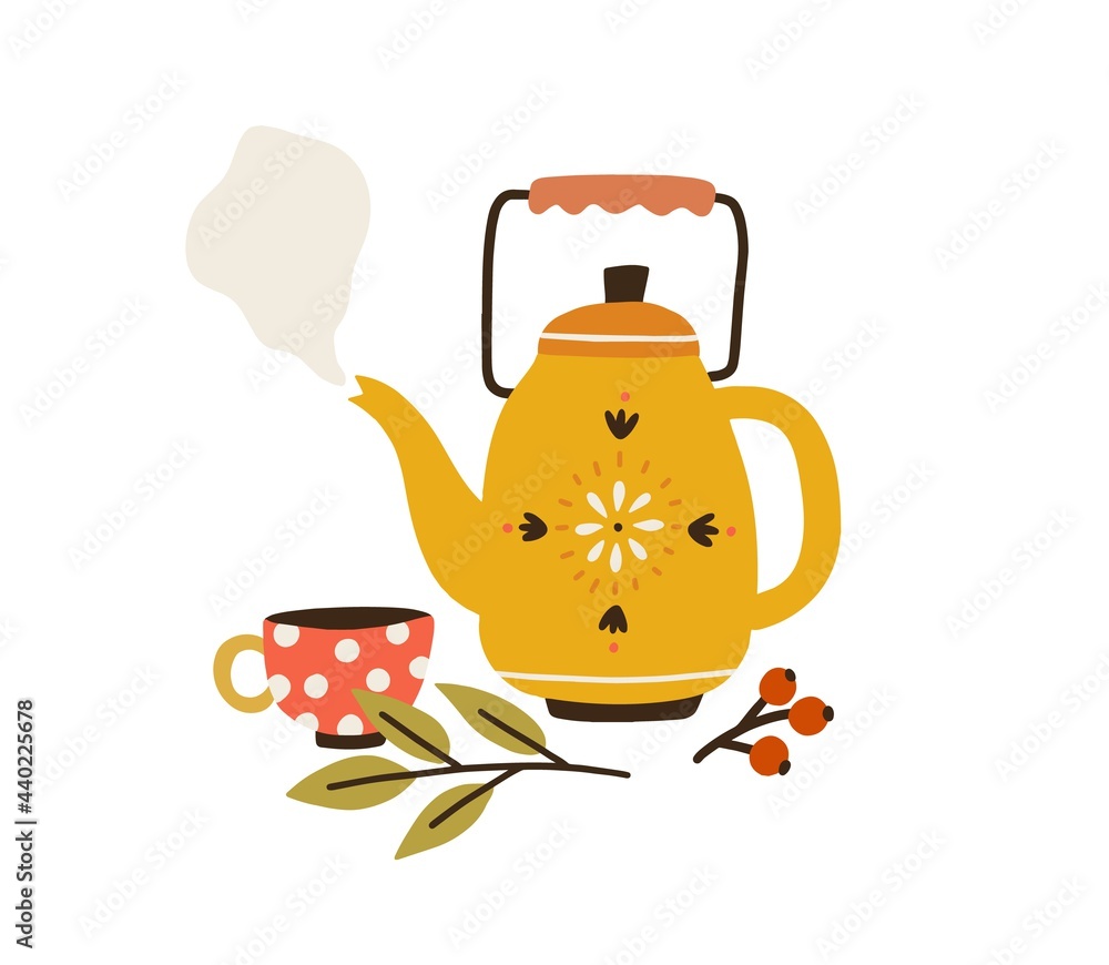 Vintage tea kettle with hot steam, cup and herbs. Rustic teapot with ...