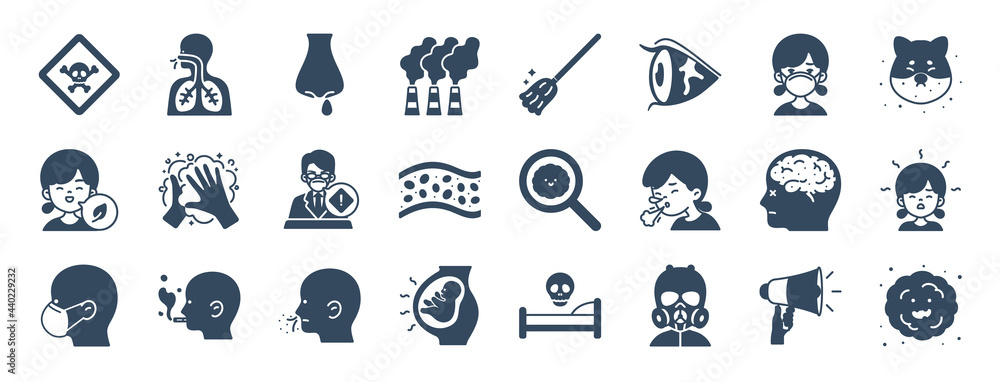 set of 24 air pollution web icons in glyph style such as nose bleeding ...