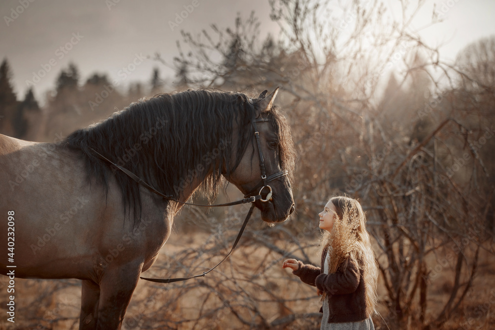 Long haired Little girl in casual style with brown horse stallion in ...