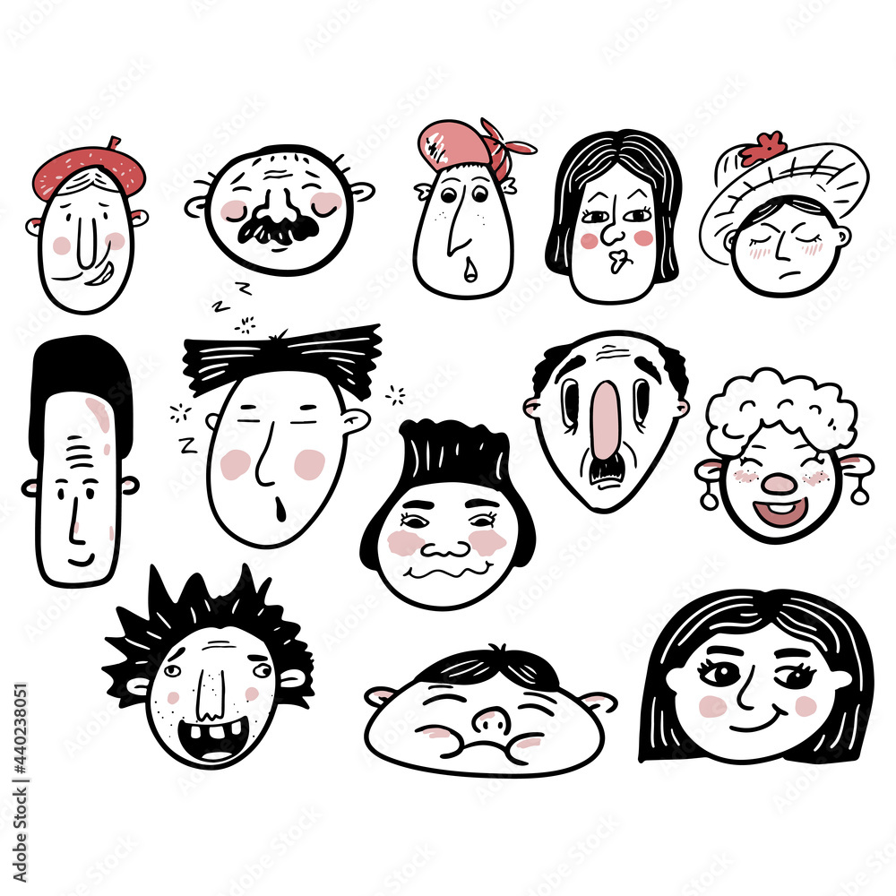 Hand drawn human faces doodle set. Collection of pen ink pencil drawing ...