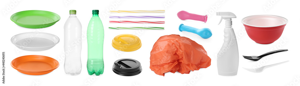 Set with different plastic items on white background. Banner design ...