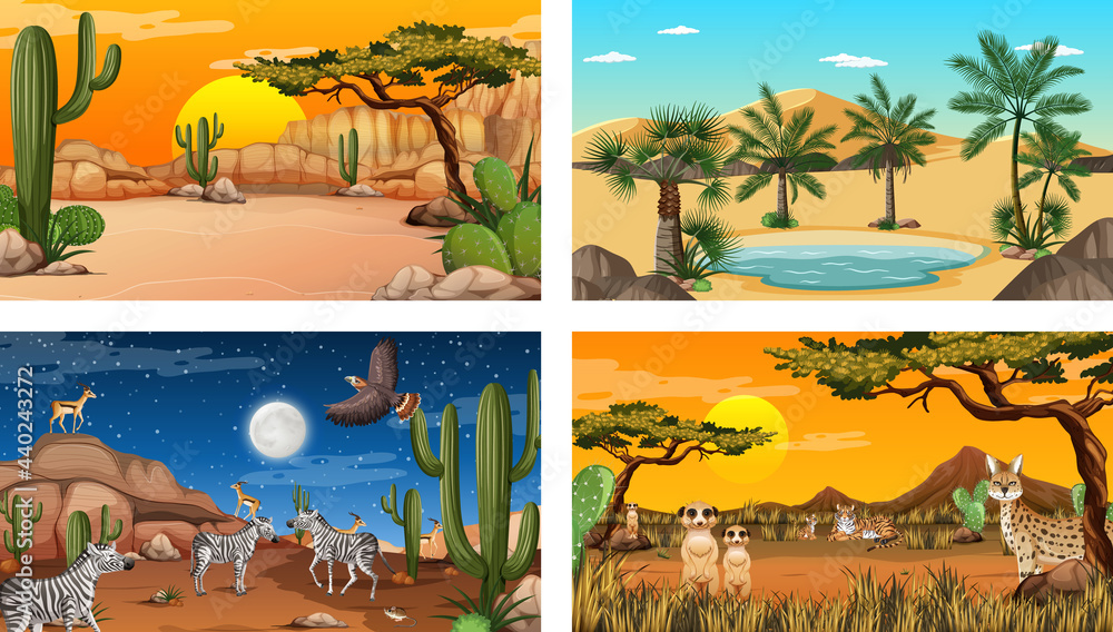 Different scenes with desert forest landscape with animals and plants ...
