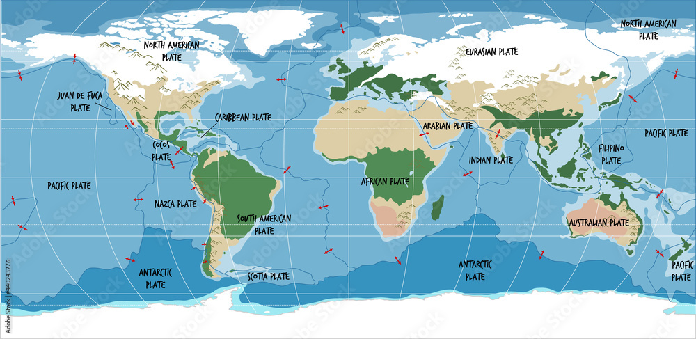 World Map Showing Tectonic Plates Boundaries Stock Vector | Adobe Stock