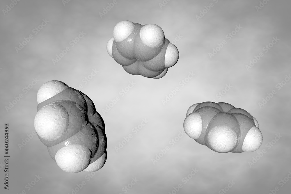 Space-filling molecular model of benzene. Atoms are represented as ...