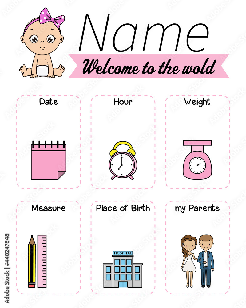 Baby birth print. Baby data template at birth. Weight, measurement ...