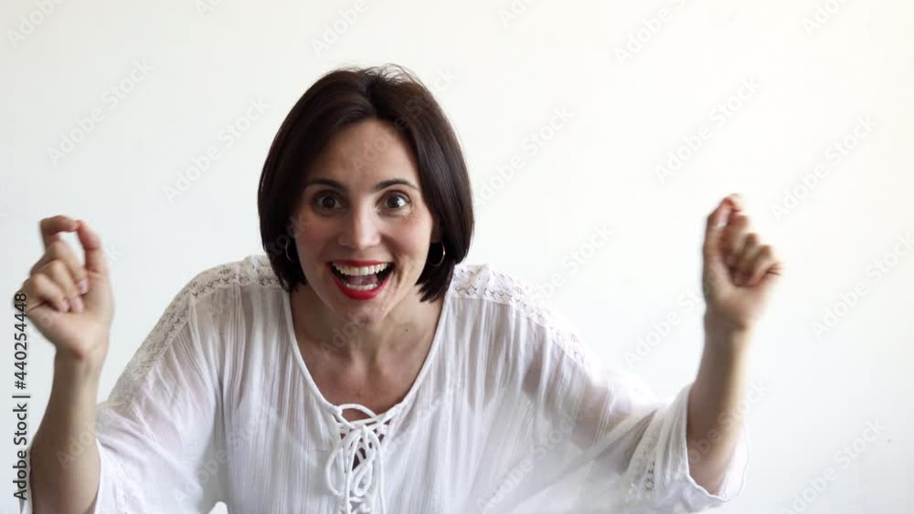 Oh my god wow! Amazed excited young woman in white dress surprise ...
