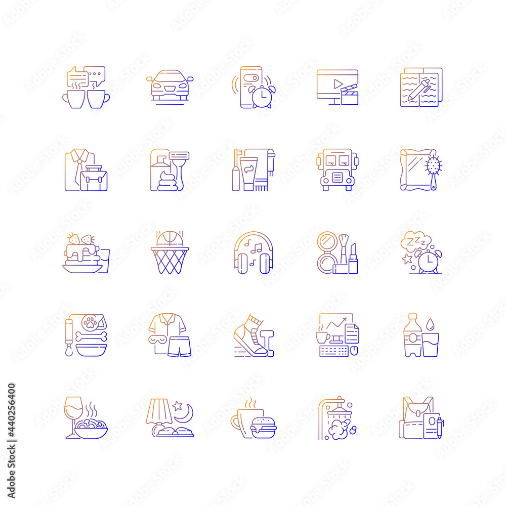 Everyday routine gradient linear vector icons set. Alarm clock. Coffee ...