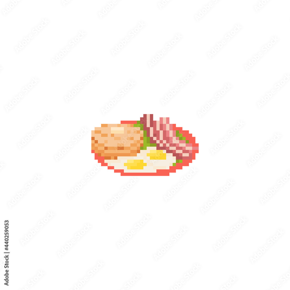 Pixel art breakfast. Retro pixel bit icon of plate with ham, eggs and ...