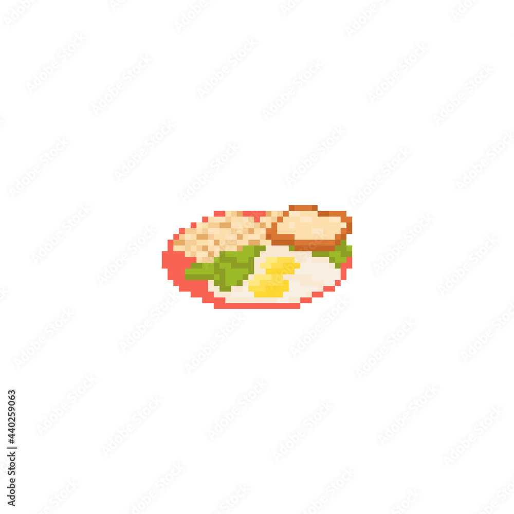 Pixel art breakfast. Retro pixel bit icon of plate with greens, eggs ...