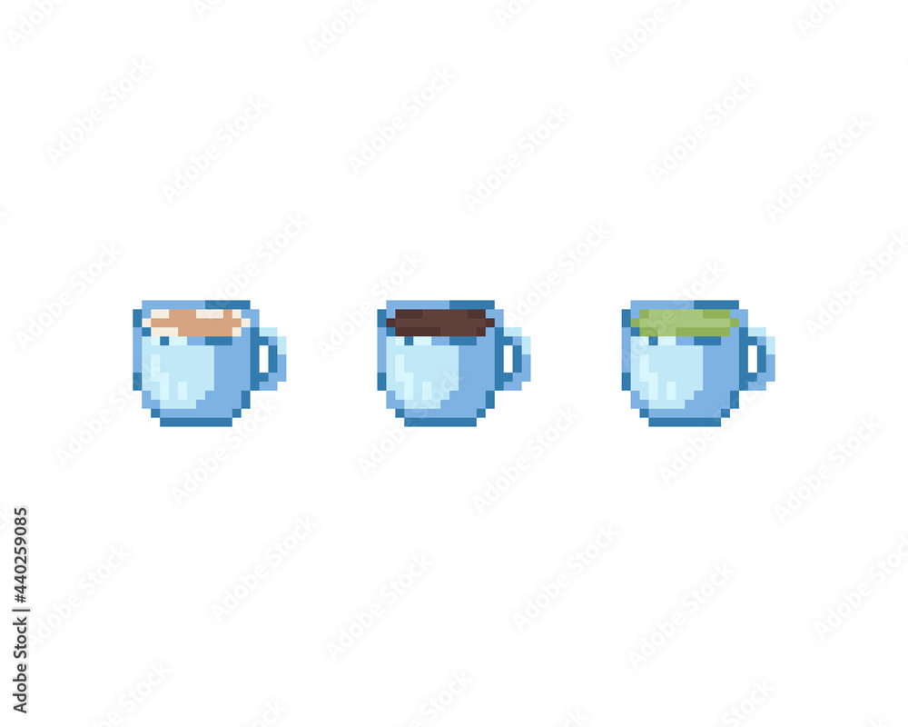 Pixel art cups of drinks set. Pixel cup of coffee, latte, matcha tea ...
