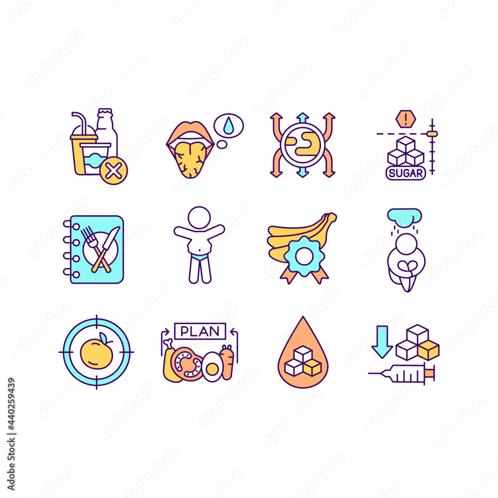 Diabetes RGB color icons set. Isolated vector illustrations. Disease ...