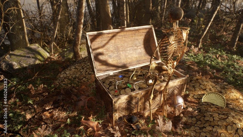 A creepy skeleton in a summer sunny forest opens an ancient chest with ...