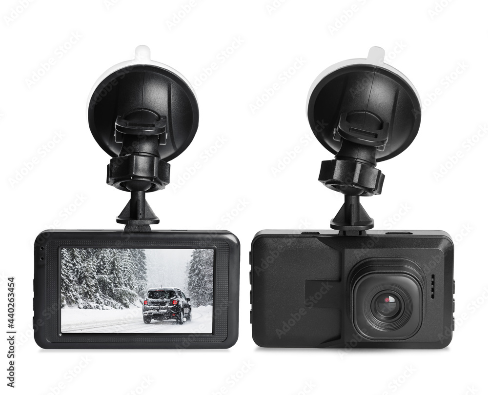 Modern car dashboard cameras on white background in collage, one with ...