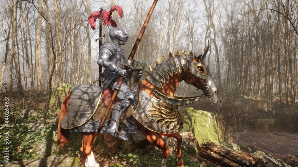 A brave medieval knight on his frisky horse prepares for battle. View ...