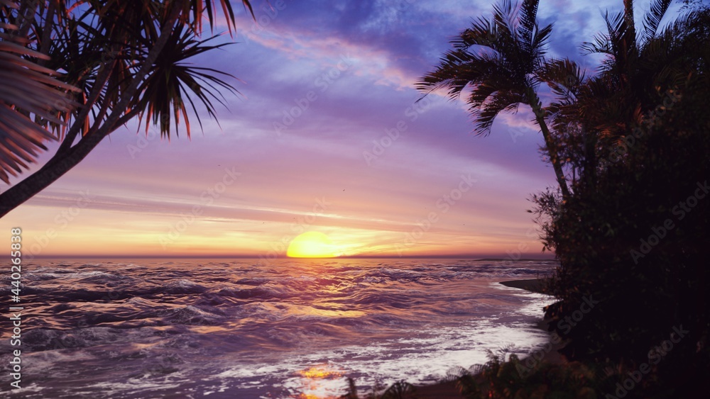 ภาพประกอบสต็อก Tropical sunrise at the seaside. The sea splashes ...
