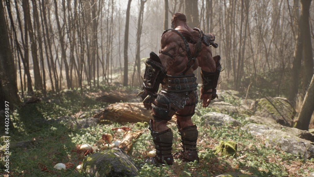 A formidable orc warrior trains before battle and demonstrates combat ...