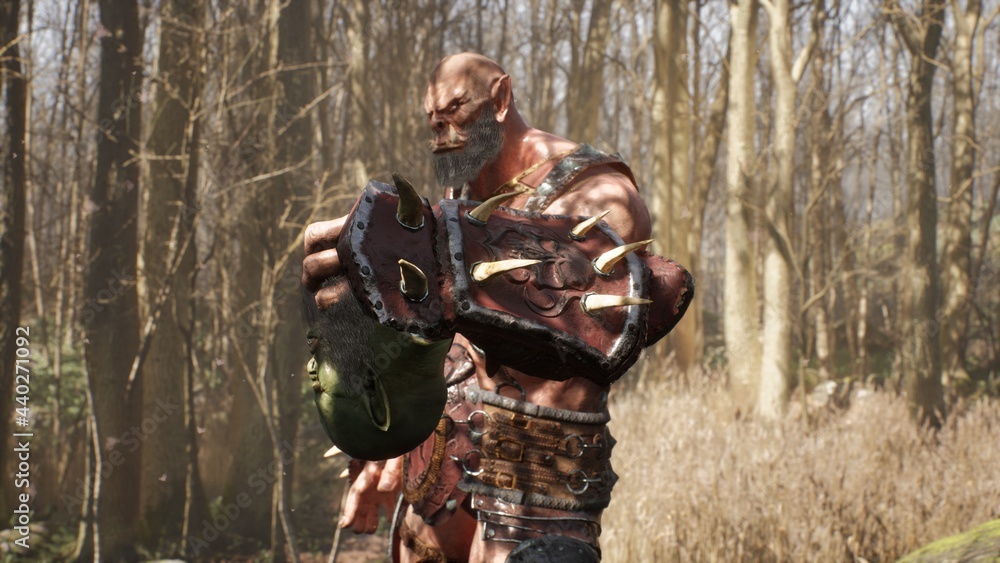 A formidable orc warrior lifts the severed head of a defeated enemy ...