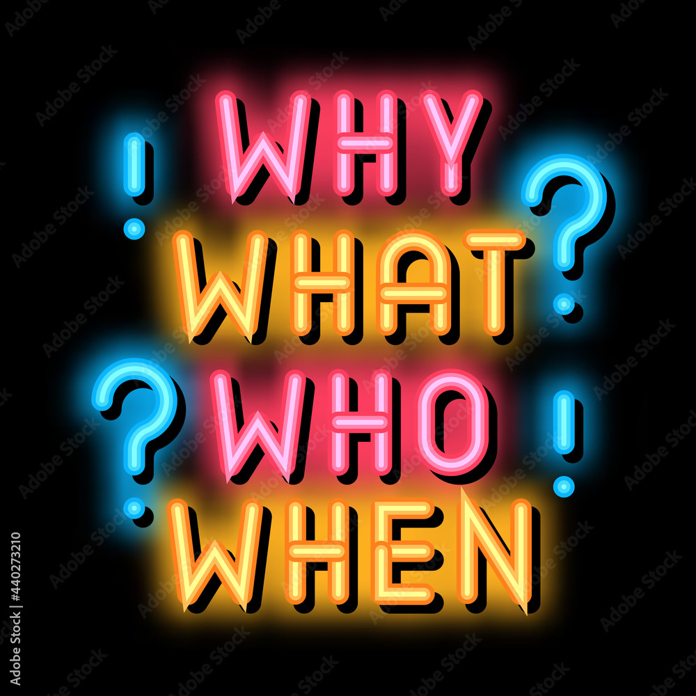 questions why what who when neon light sign vector. Glowing bright icon ...